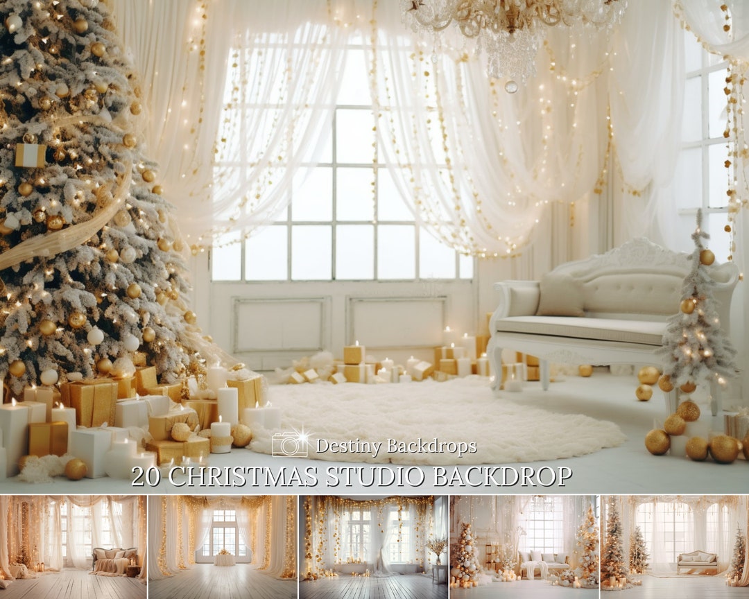 White Christmas Digital Backdrop Bundle White Gold Christmas Tree ...