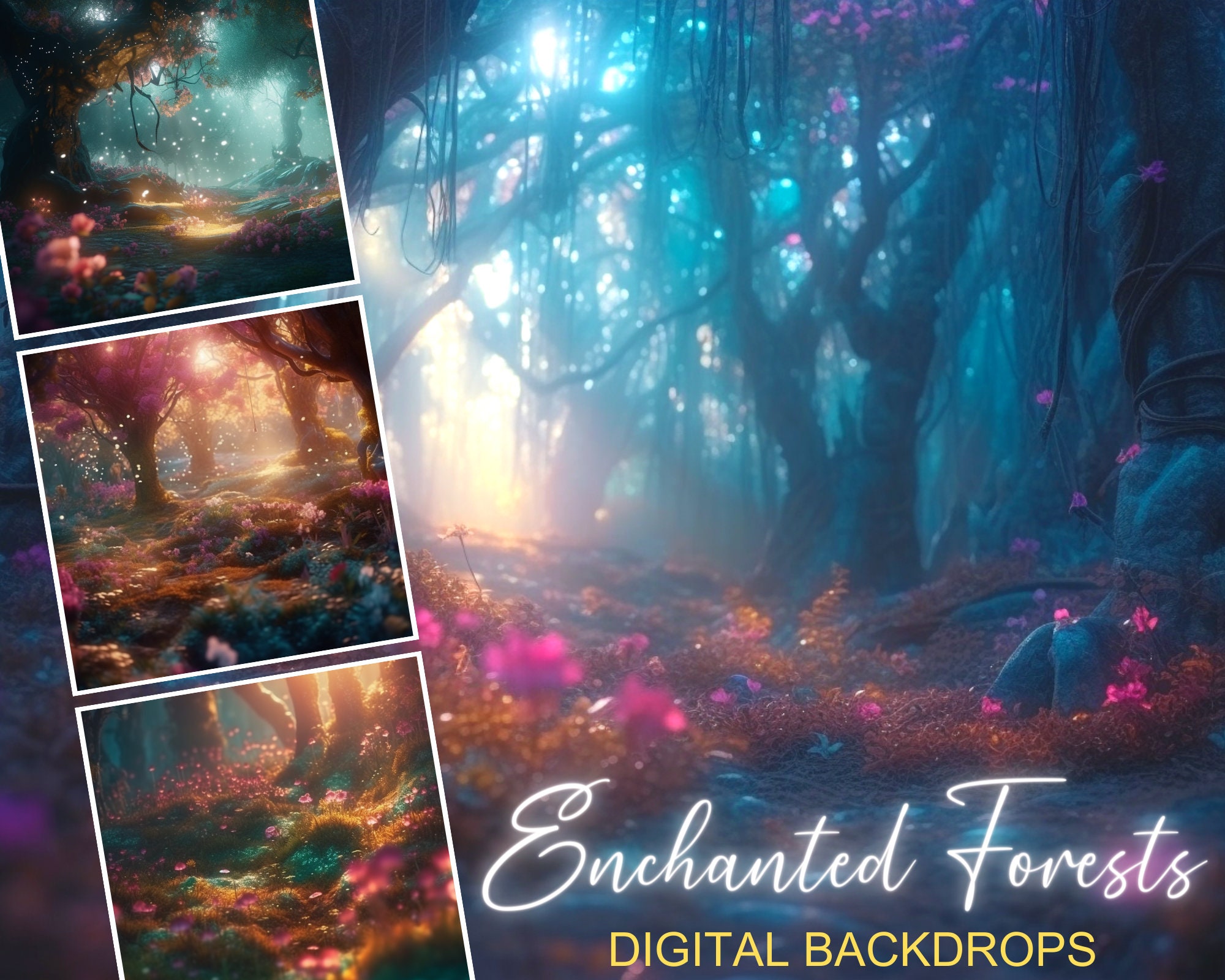 4 Fine Art Enchanted Forest Bokeh Digital Backdrops Fantasy Overlays ...