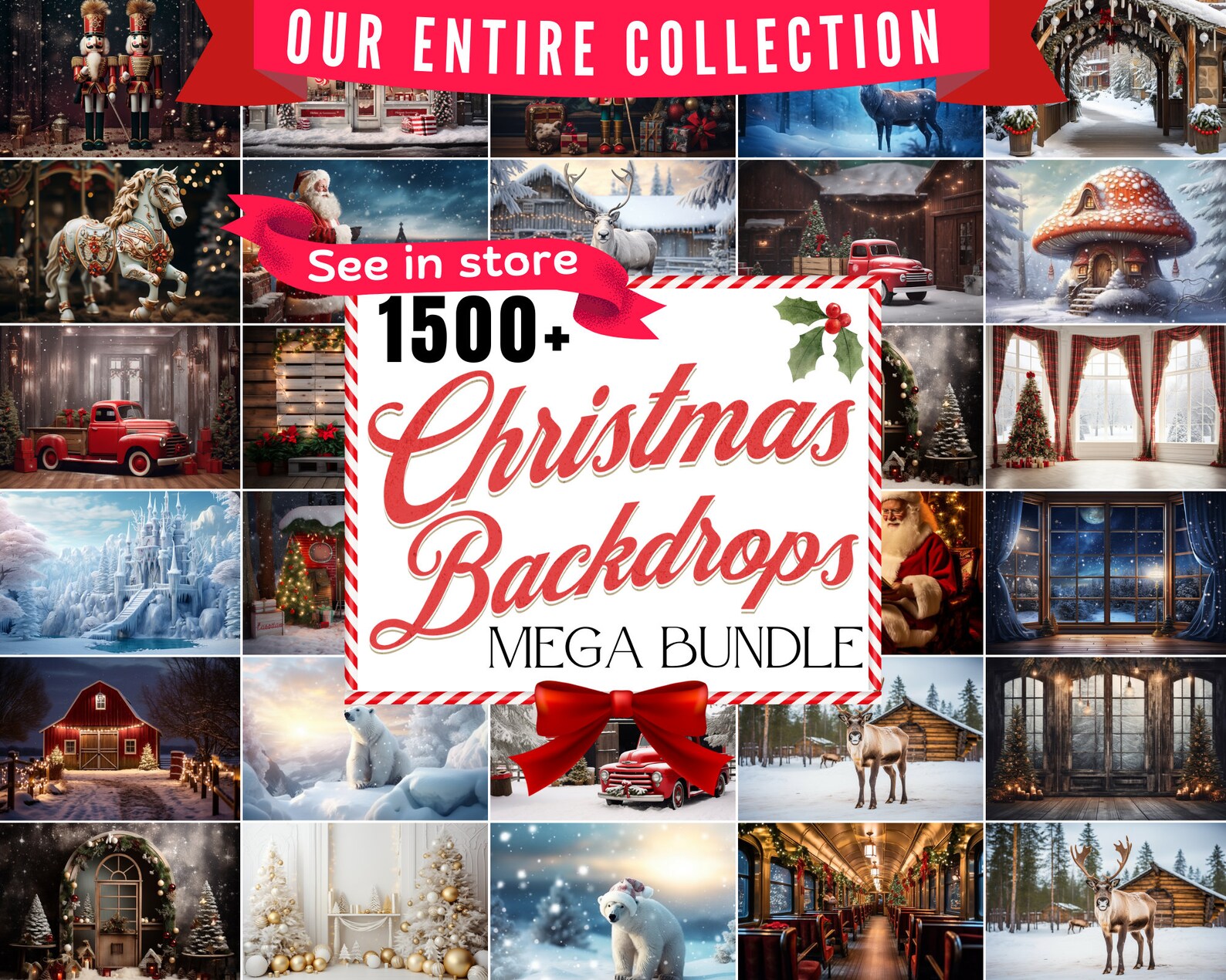 Christmas Baubles Digital Backdrop Bundle White Gold Christmas Tree ...