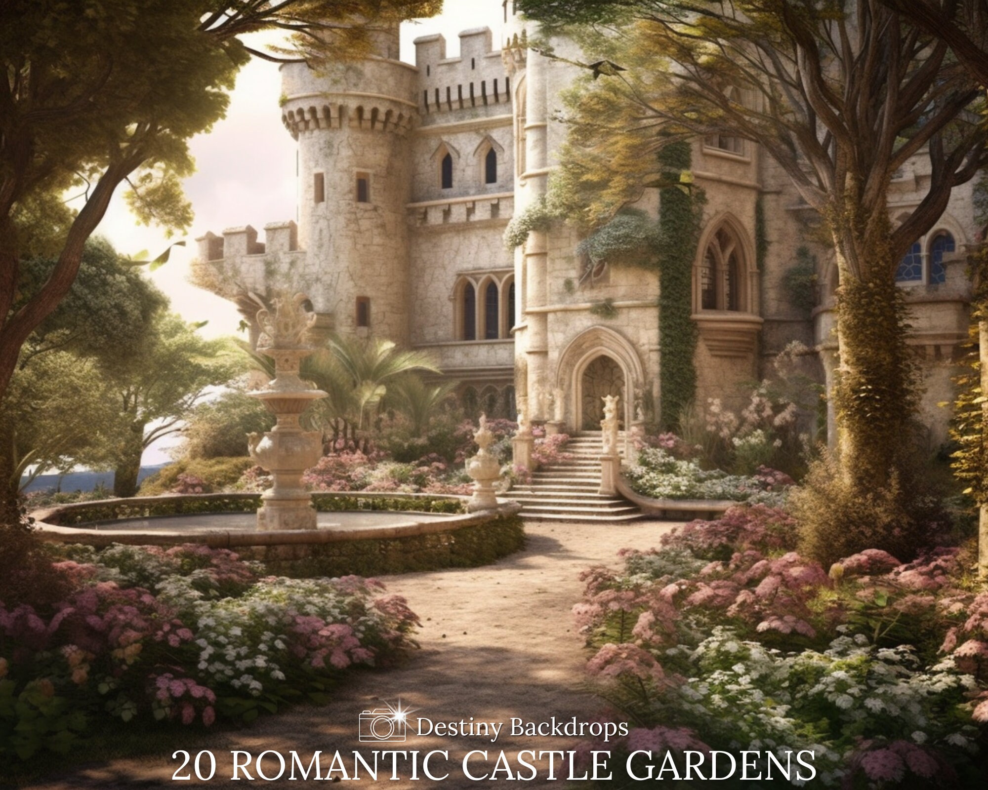 20 Romantic Castle Gardens Digital Backdrops Bundle Enchanting Medieval ...