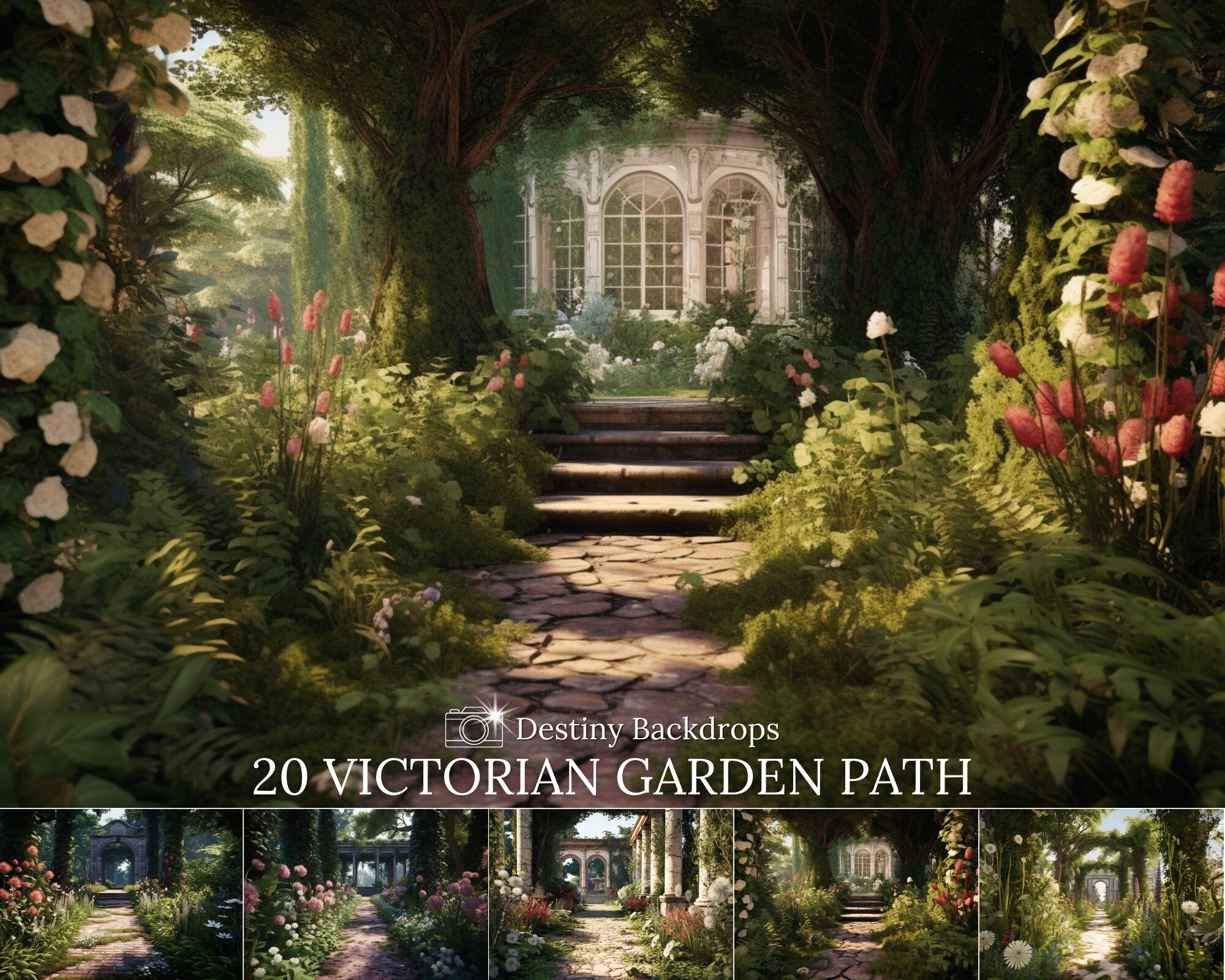 20 Victorian Garden Path Digital Backdrops Bundle Fantasy Garden Pink ...