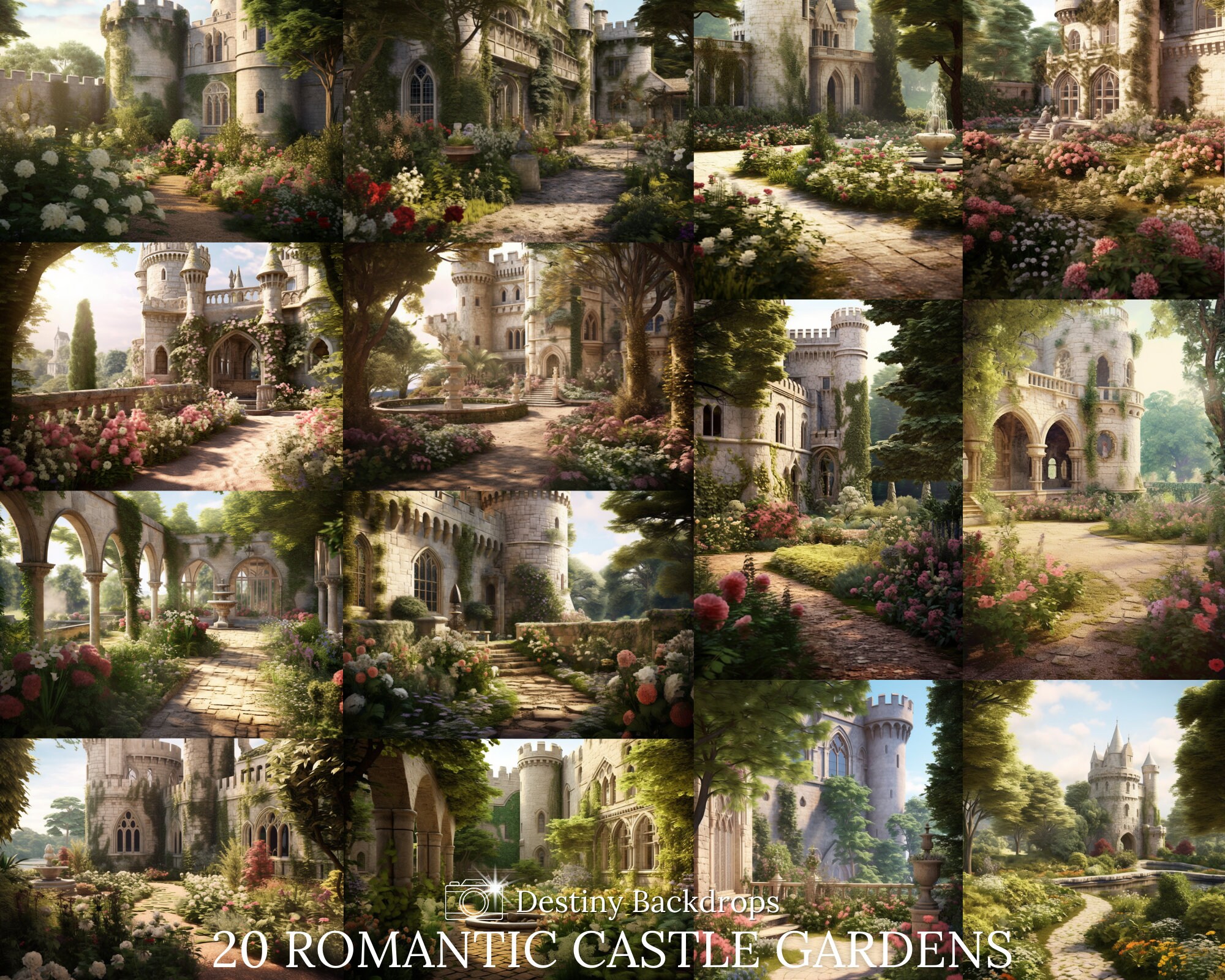 20 Romantic Castle Gardens Digital Backdrops Bundle Enchanting Medieval ...