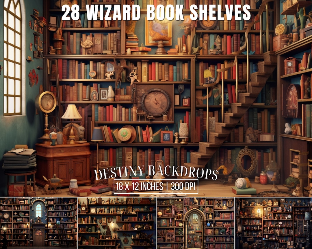 Wizard School Backdrop Set Wizard Library Bookshelves Digital ...