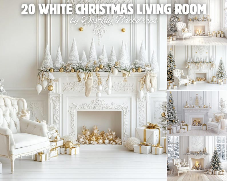 20 White Christmas Living Room Background Photography Holiday Digital ...