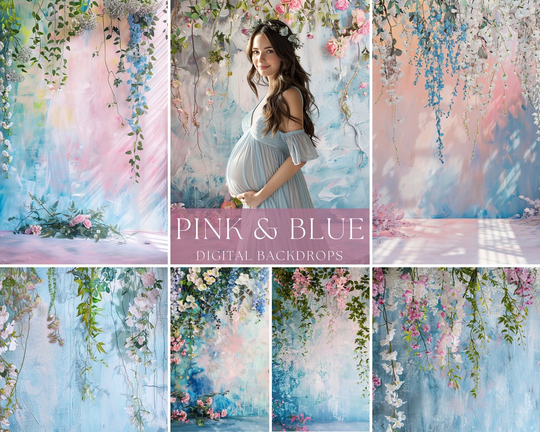 20 Pastel Blue Pink Blossom Floral Digital Backdrops, Studio Backdrop ...