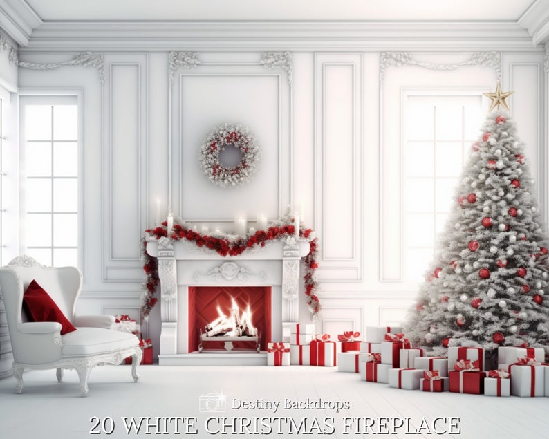 White Christmas Digital Backdrop Photography Christmas Fireplace Background Christmas Overlay ...
