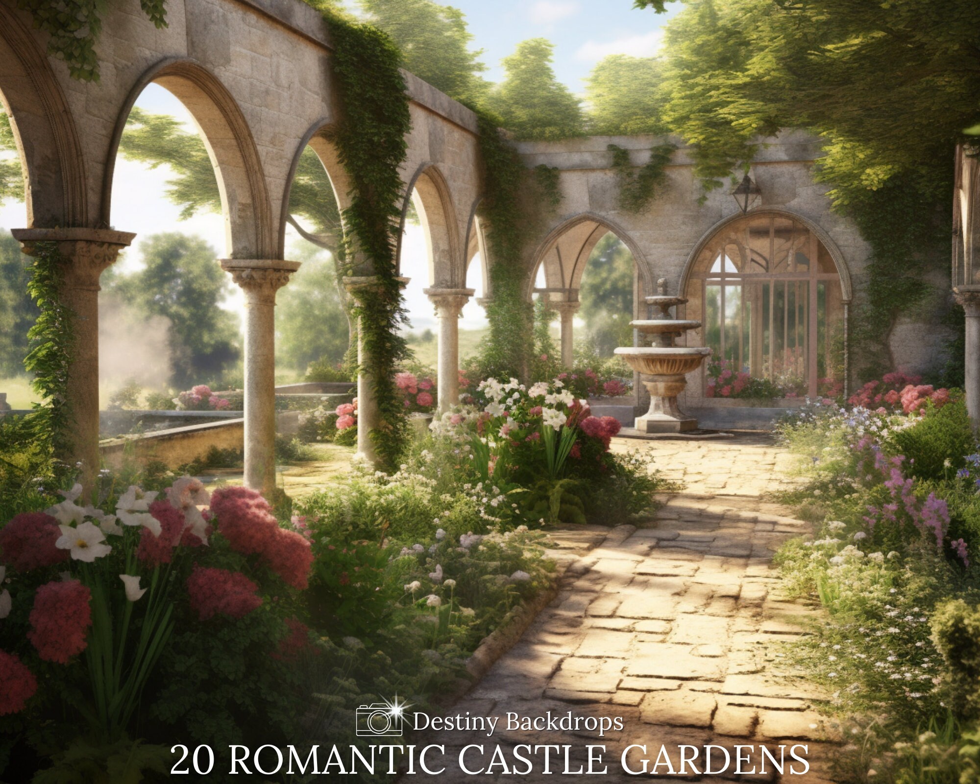 20 Romantic Castle Gardens Digital Backdrops Bundle Enchanting Medieval ...