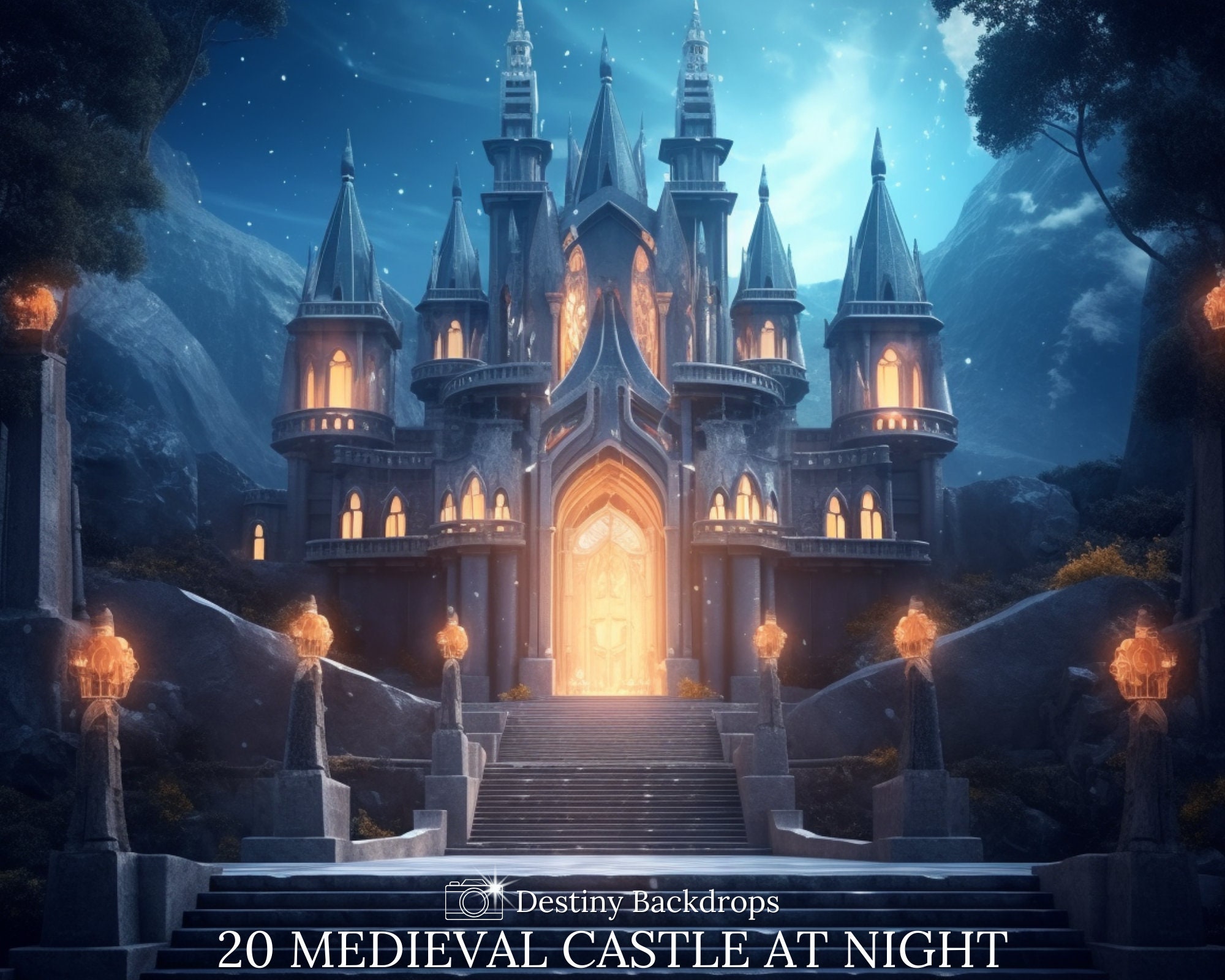 20 Medieval Castle at Night Digital Backdrops Bundle Enchanting ...