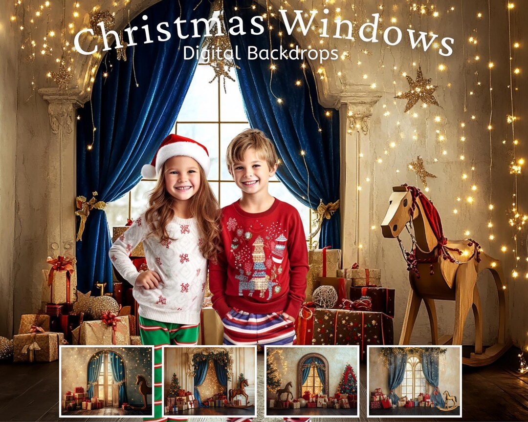 20 Christmas Window Digital Backdrop, Stars, Santa Claus, Father ...