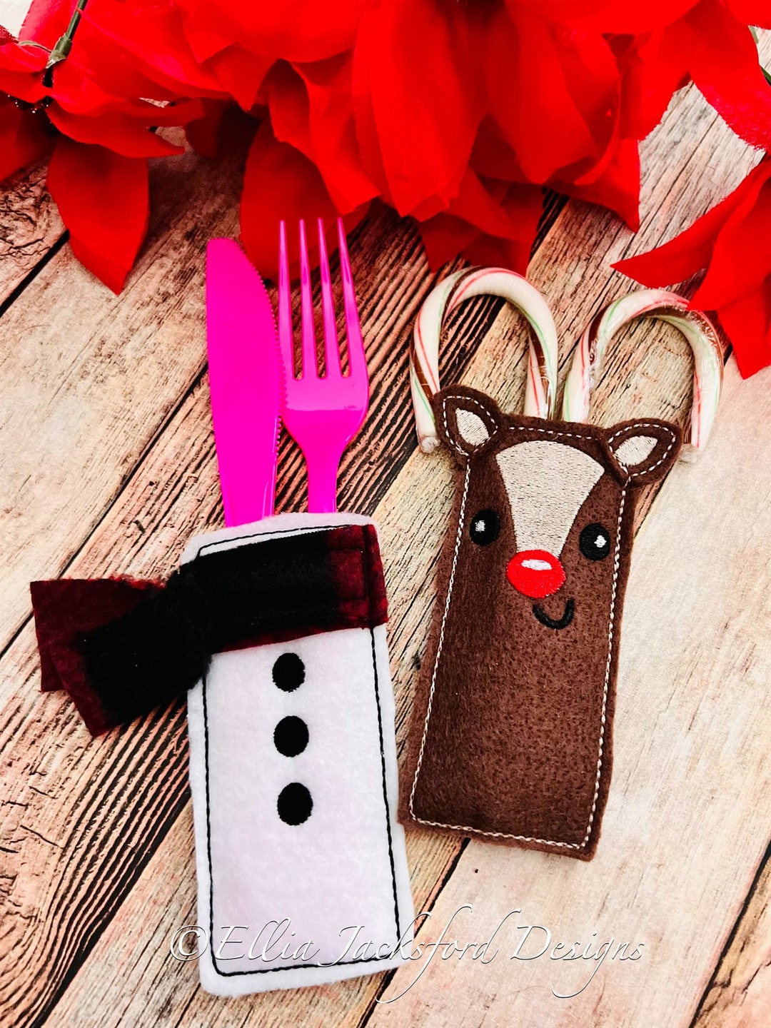 Reindeer and Snowman Candy Cane Holder Embroidery Designs - Etsy