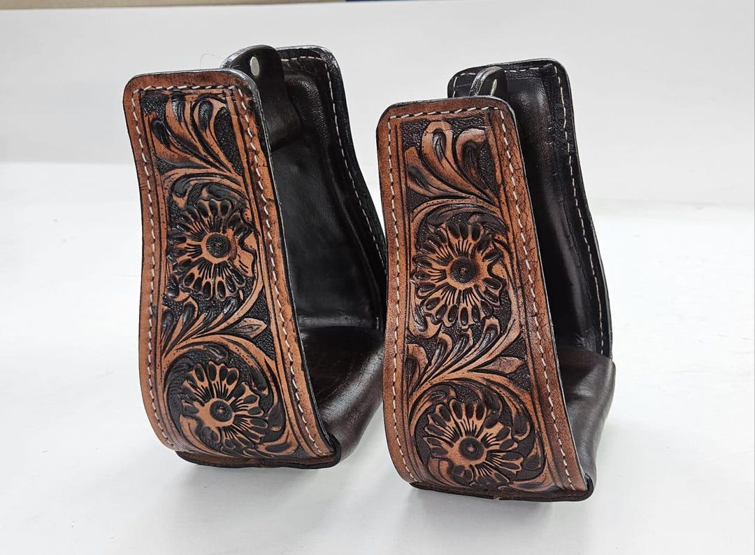 Western Saddle Tooled Leather Stirrups Pair for Barrel Hand Carving and ...
