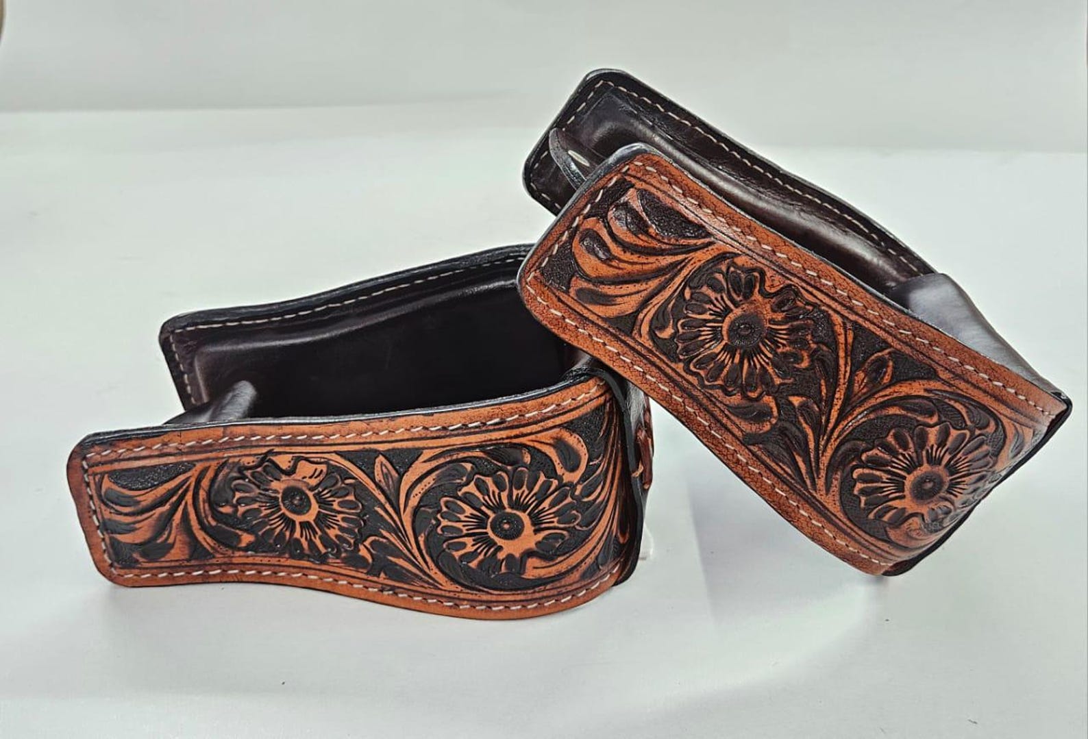 Western Saddle Tooled Leather Stirrups Pair for Barrel Hand Carving and ...
