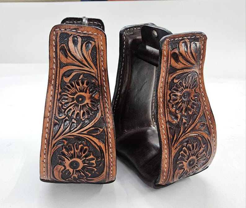 Western Saddle Tooled Leather Stirrups Pair for Barrel Hand Carving and ...