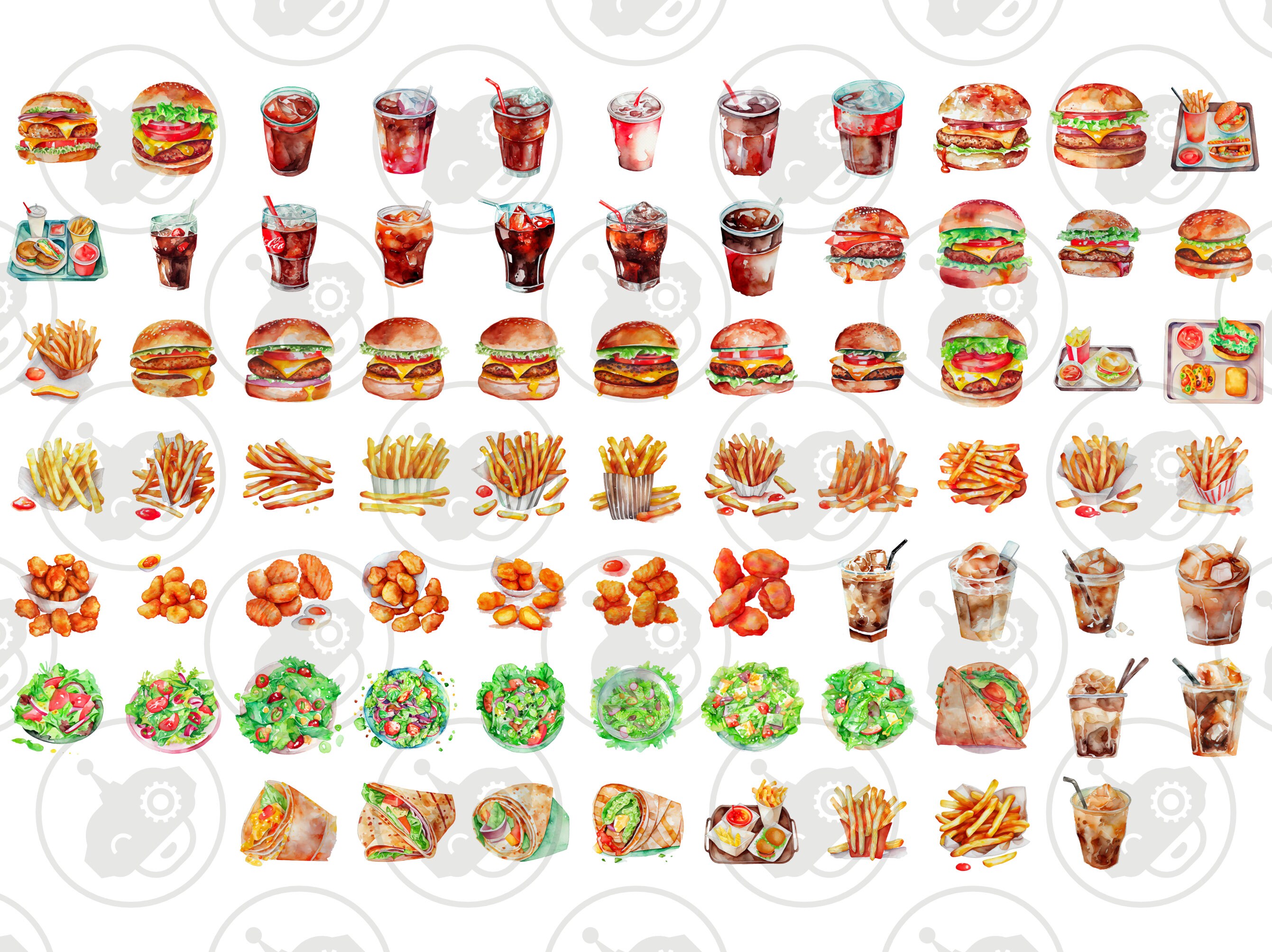 Watercolor Fast Food Clipart - Cheeseburgers Chips Tortillas Salad and ...