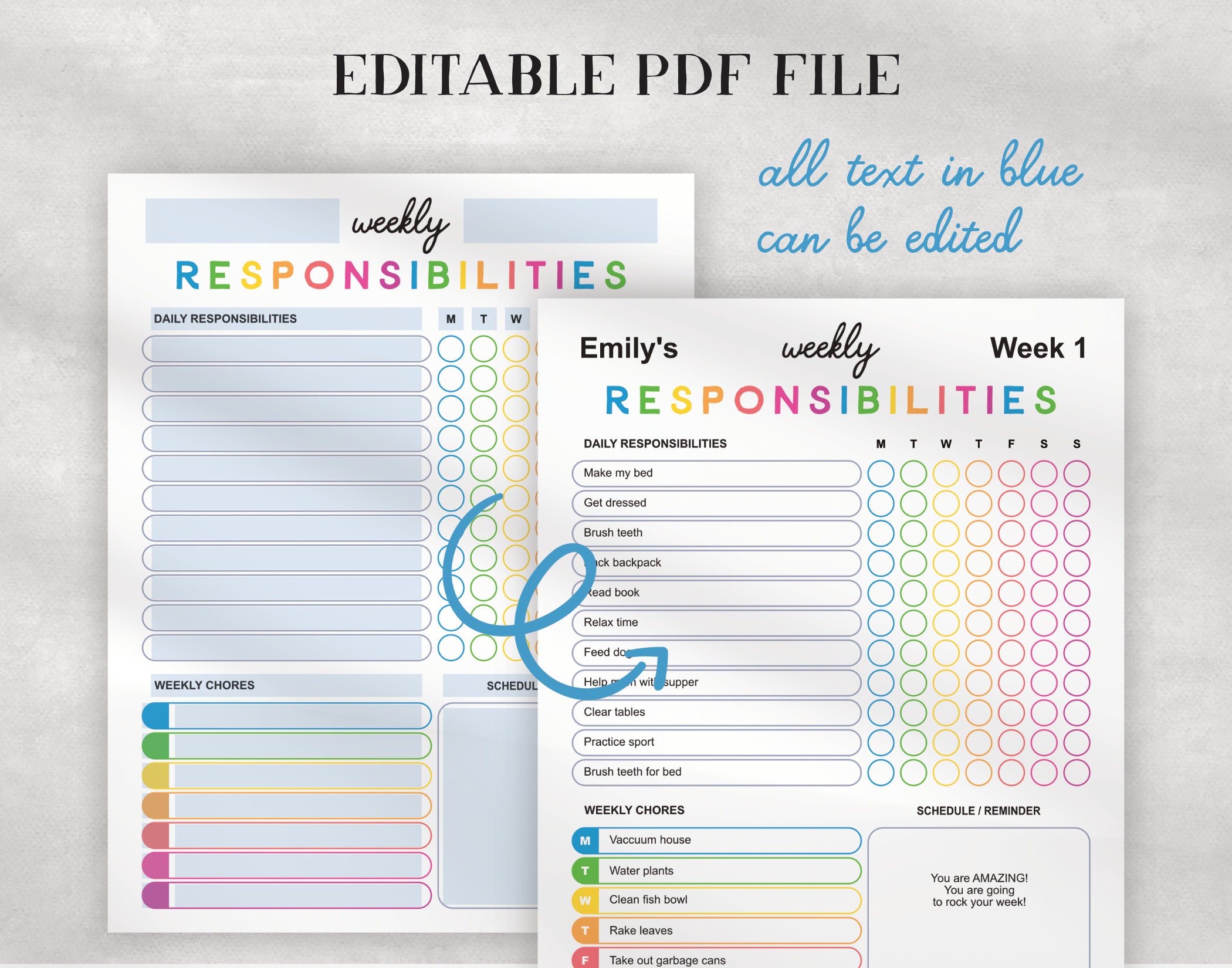 Weekly Responsibility Rainbow Chore Chart for Kids Editable Daily ...