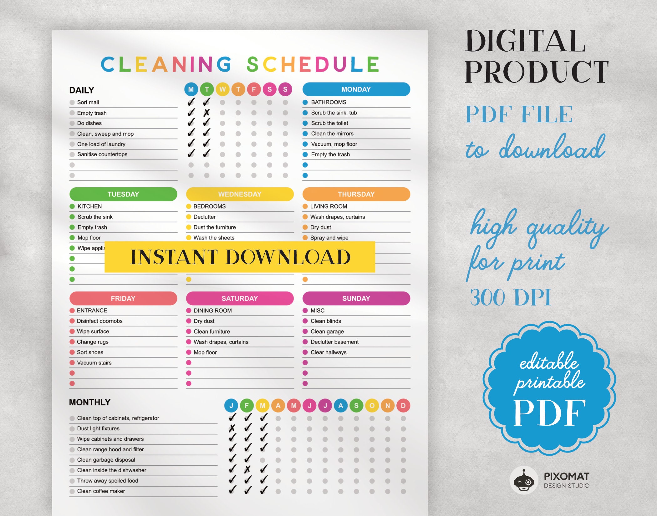 Printable Cleaning Schedule Checklist - Editable Daily, Weekly, Monthly ...