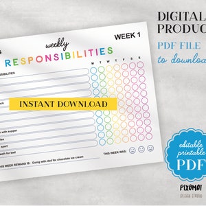 Weekly Responsibility Rainbow Reward Chore Chart for Kids Editable ...