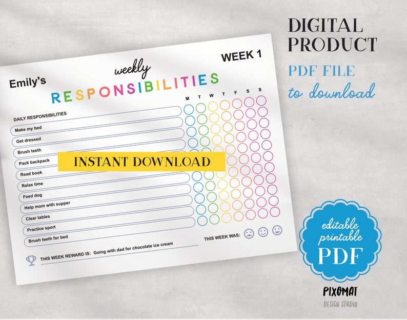 Weekly Responsibility Rainbow Reward Chore Chart for Kids Editable ...