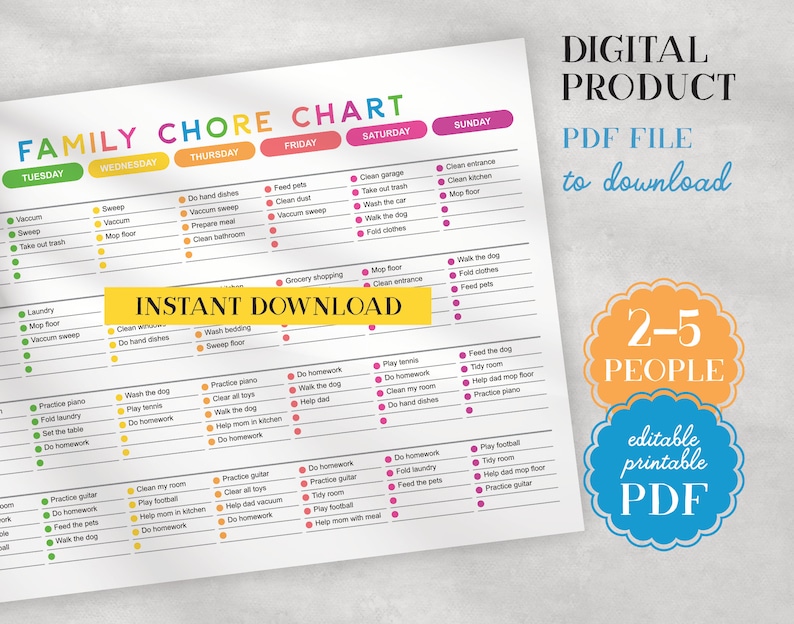 Weekly Family Chore Chart - Editable Checklist for Kids and Adults ...
