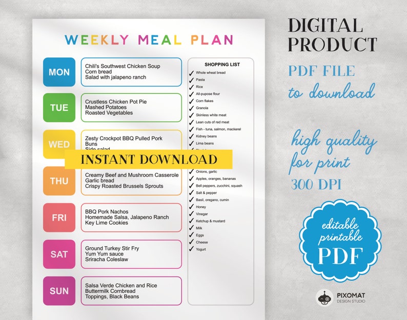 Weekly Meal Plan Template - Family Meal Planner - Editable PDF Schedule ...
