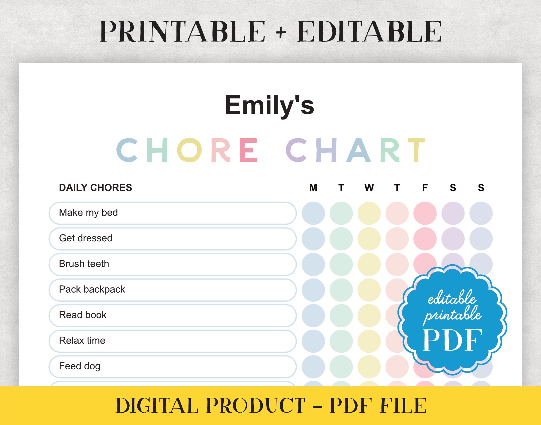Chore Chart for Toddler Kids Editable Daily Routine Checklist ...