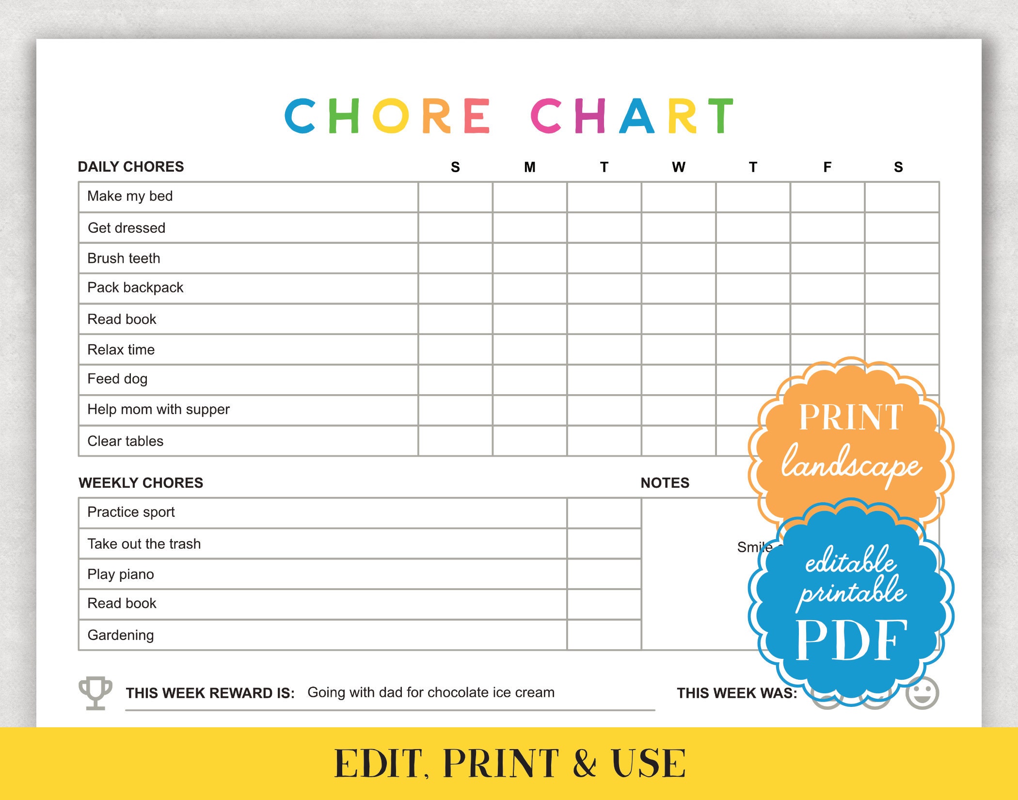 Weekly Chore Chart Rainbow Reward for Kids Editable Minimalist Daily ...