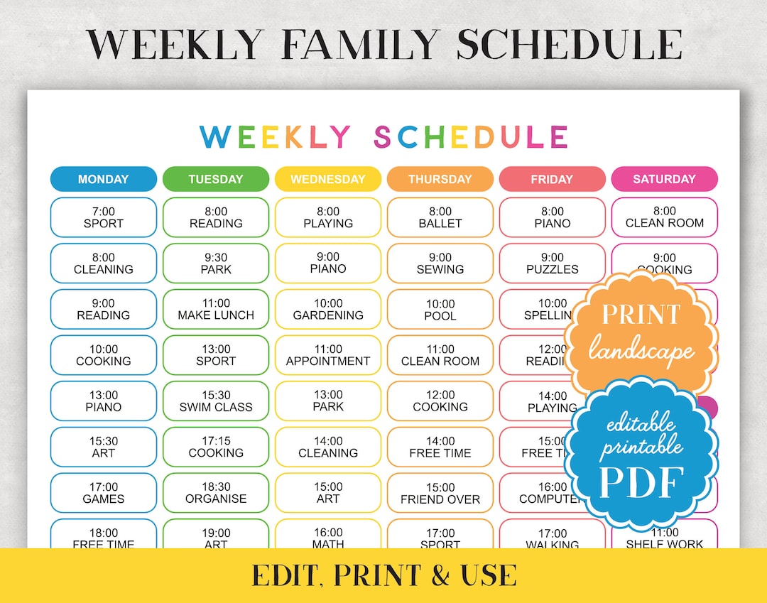 Weekly Family Schedule - Editable to Do List Chart for Kids & Adults ...