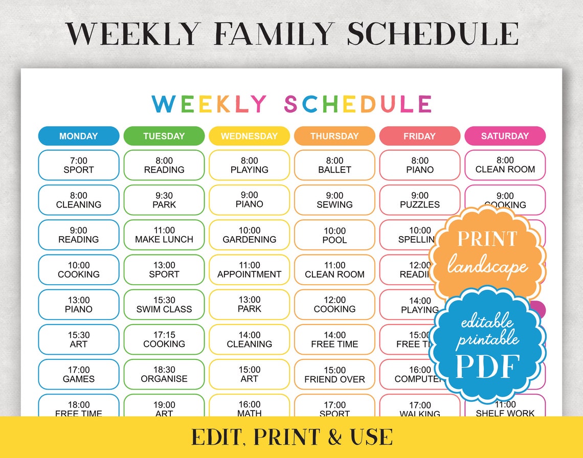 Weekly Family Schedule - Editable to Do List Chart for Kids & Adults ...