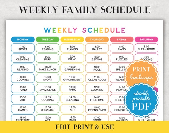 Weekly Family Schedule Editable to Do List Chart for Kids & - Etsy