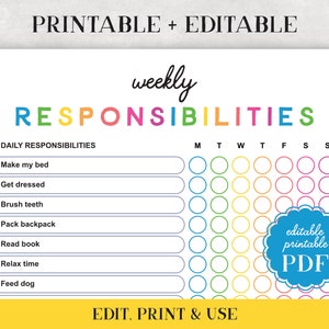 Weekly Responsibility Rainbow Chore Chart for Kids Editable Daily ...