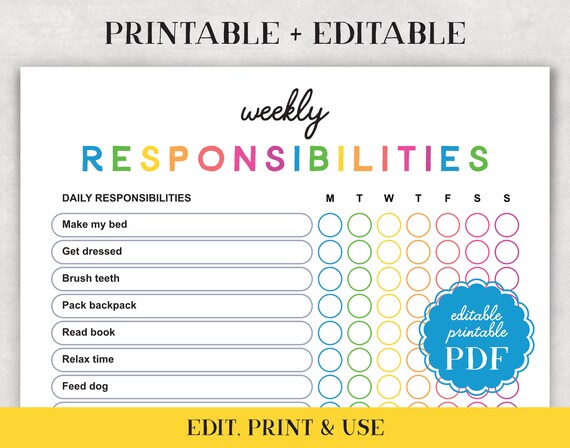 Weekly Responsibility Rainbow Chore Chart for Kids Editable - Etsy