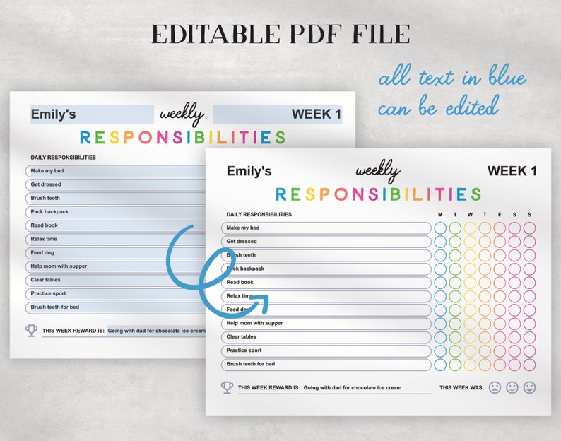 Weekly Responsibility Rainbow Reward Chore Chart for Kids Editable ...