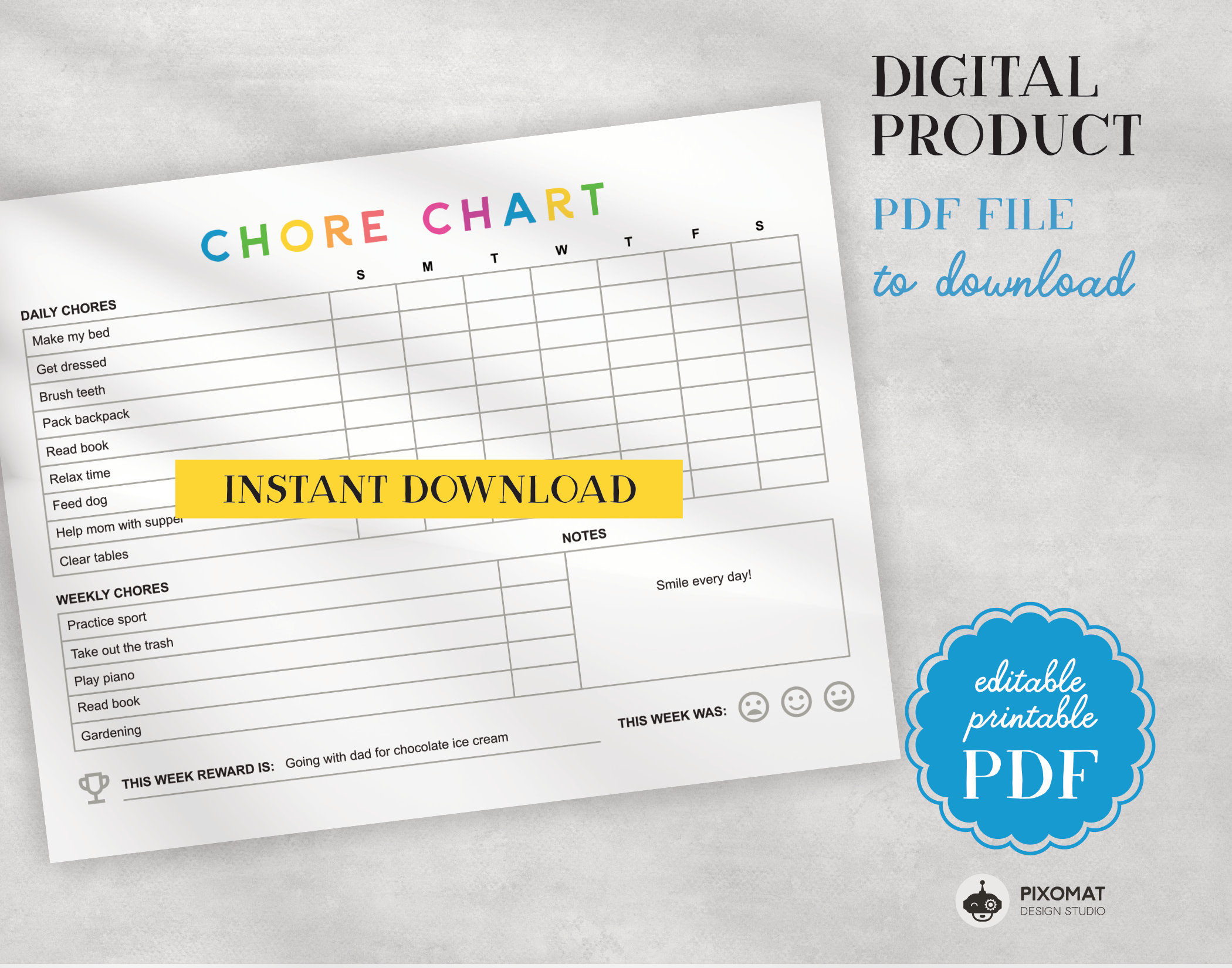 Weekly Chore Chart Rainbow Reward for Kids Editable Minimalist Daily ...