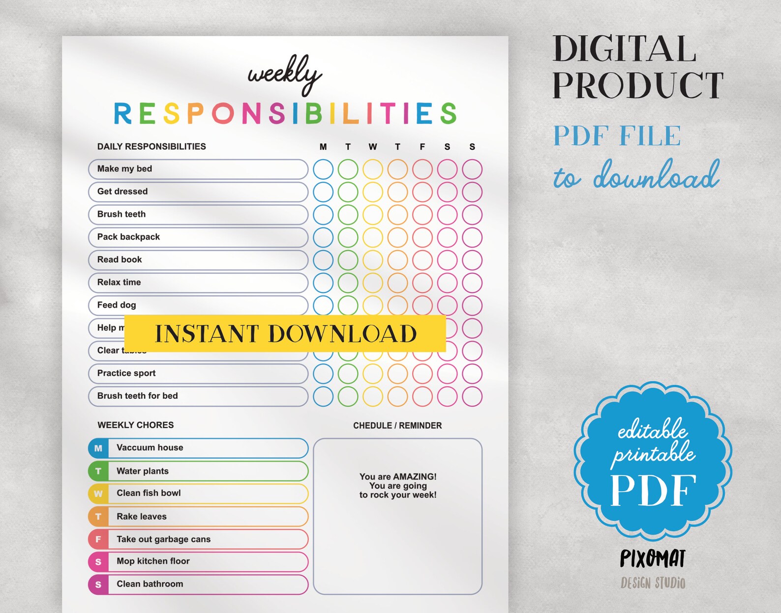 Weekly Responsibility Rainbow Chore Chart for Kids Editable Daily ...