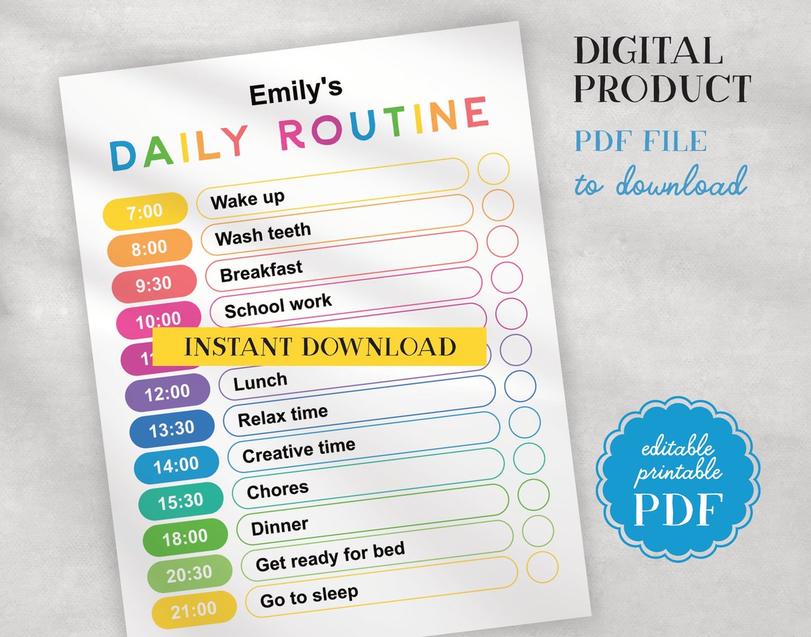 Daily Routine Chart Checklist for Kids Editable Personalised to Do List ...
