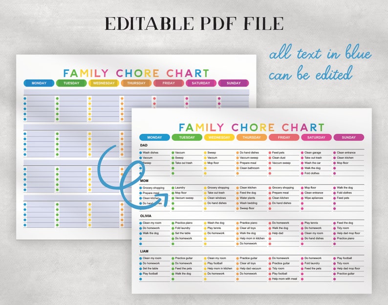 Weekly Family Chore Chart - Editable Checklist for Kids and Adults ...