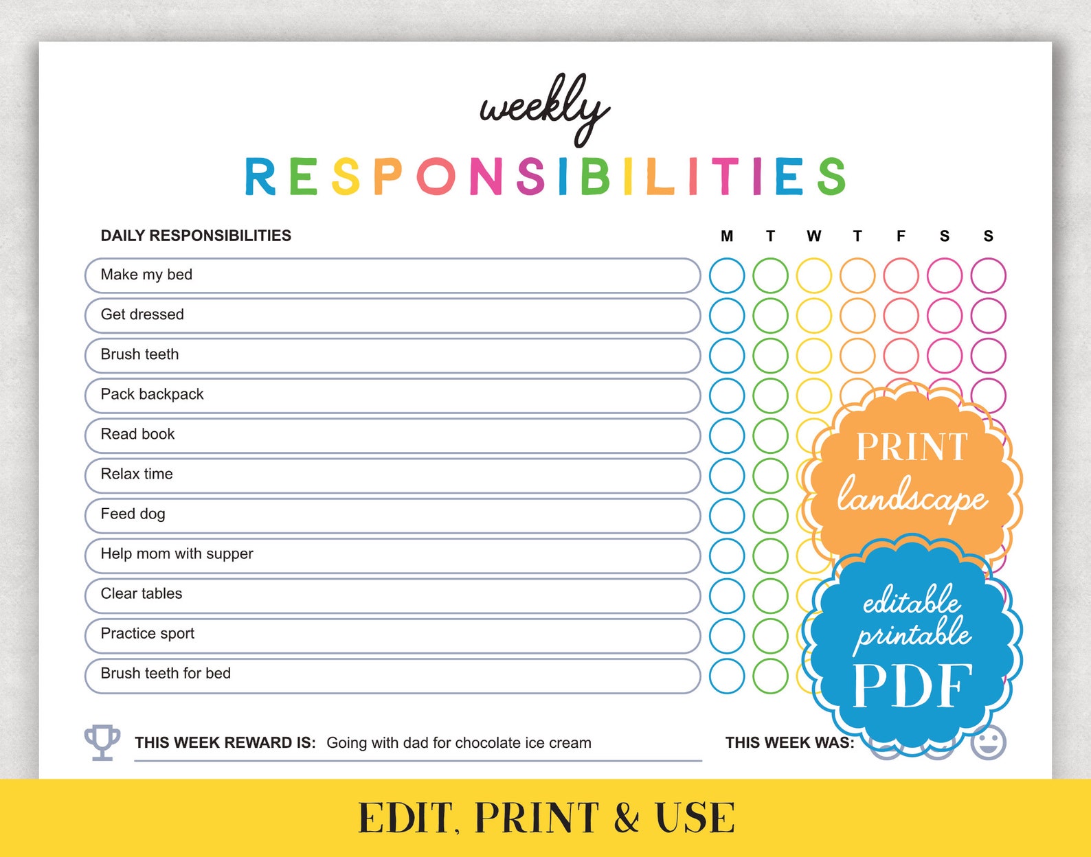 Weekly Responsibility Rainbow Reward Chore Chart for Kids Editable ...