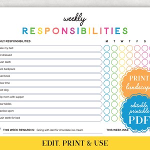Weekly Responsibility Rainbow Reward Chore Chart for Kids Editable ...