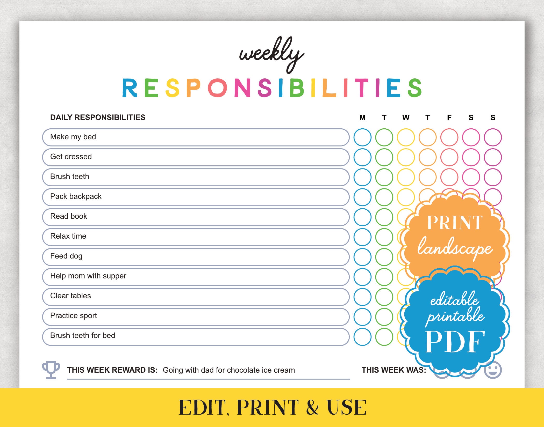 Weekly Responsibility Rainbow Reward Chore Chart for Kids Editable ...