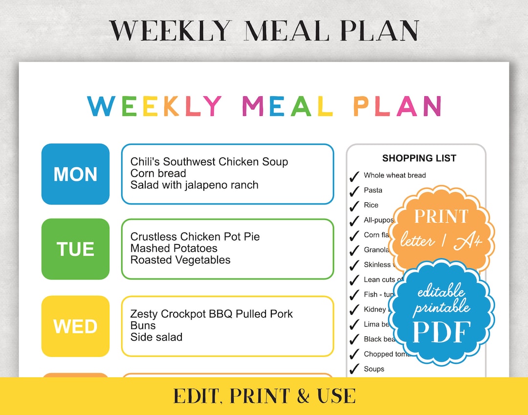 Weekly Meal Plan Template - Family Meal Planner - Editable PDF Schedule ...