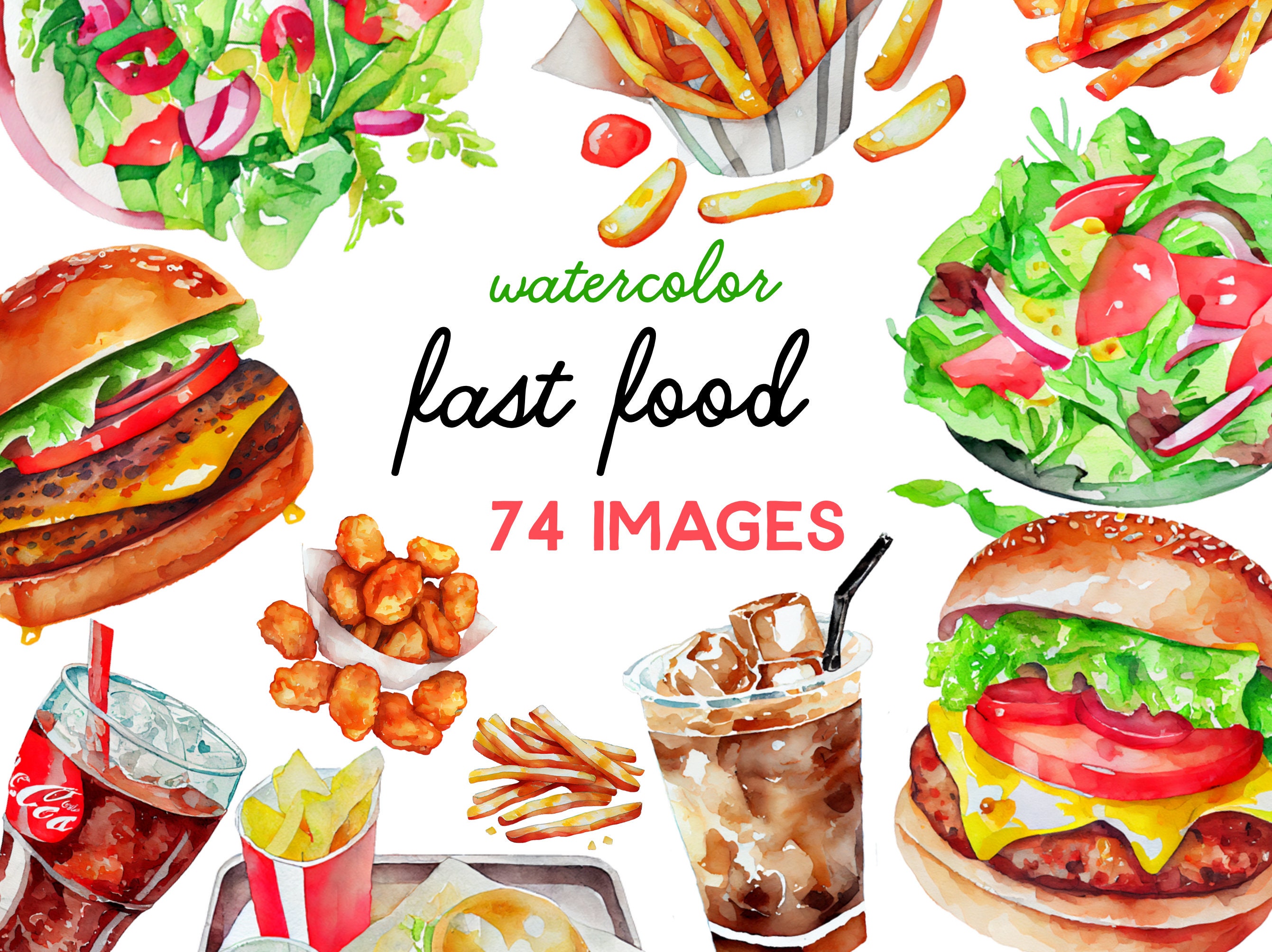 Watercolor Fast Food Clipart - Cheeseburgers Chips Tortillas Salad and ...