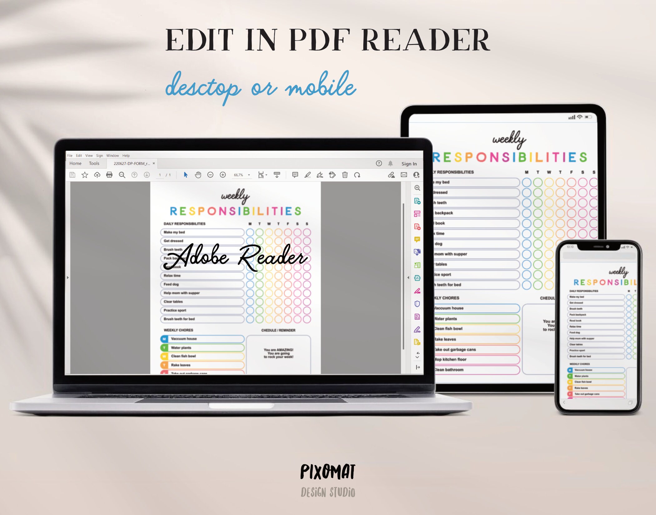 Weekly Responsibility Rainbow Chore Chart for Kids Editable Daily ...