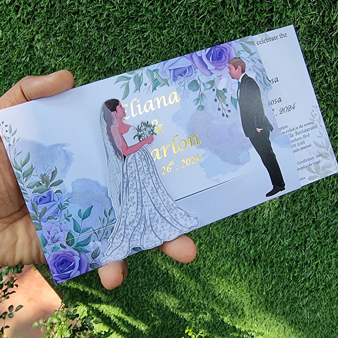 Sliding Bride Wedding Invitation, Moden Luxury Personalized Caricature ...