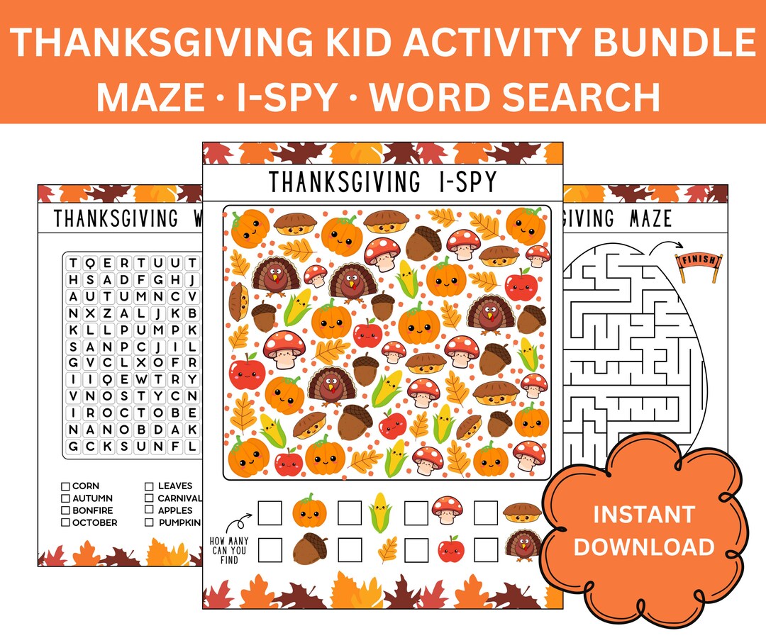 Thanksgiving Kids Activity Bundle I-spy, Maze, Word Search Instant ...