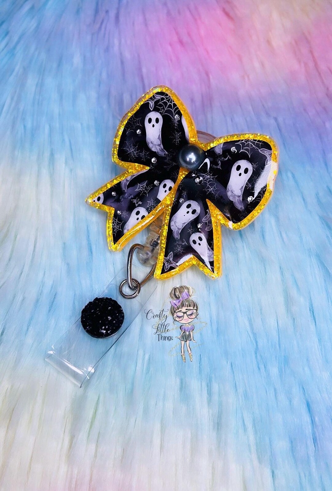 Black Ghosts Bow Badge Reel- Ribbon Badge Reels- Ghost Badge Reels- Bow ...