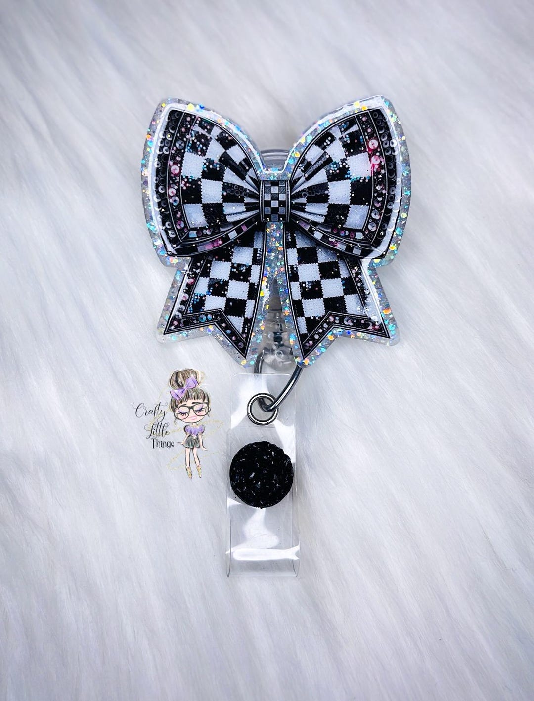 Sparkle Black and White Checkered Bow Badge Reel- Girly Badge Reels ...