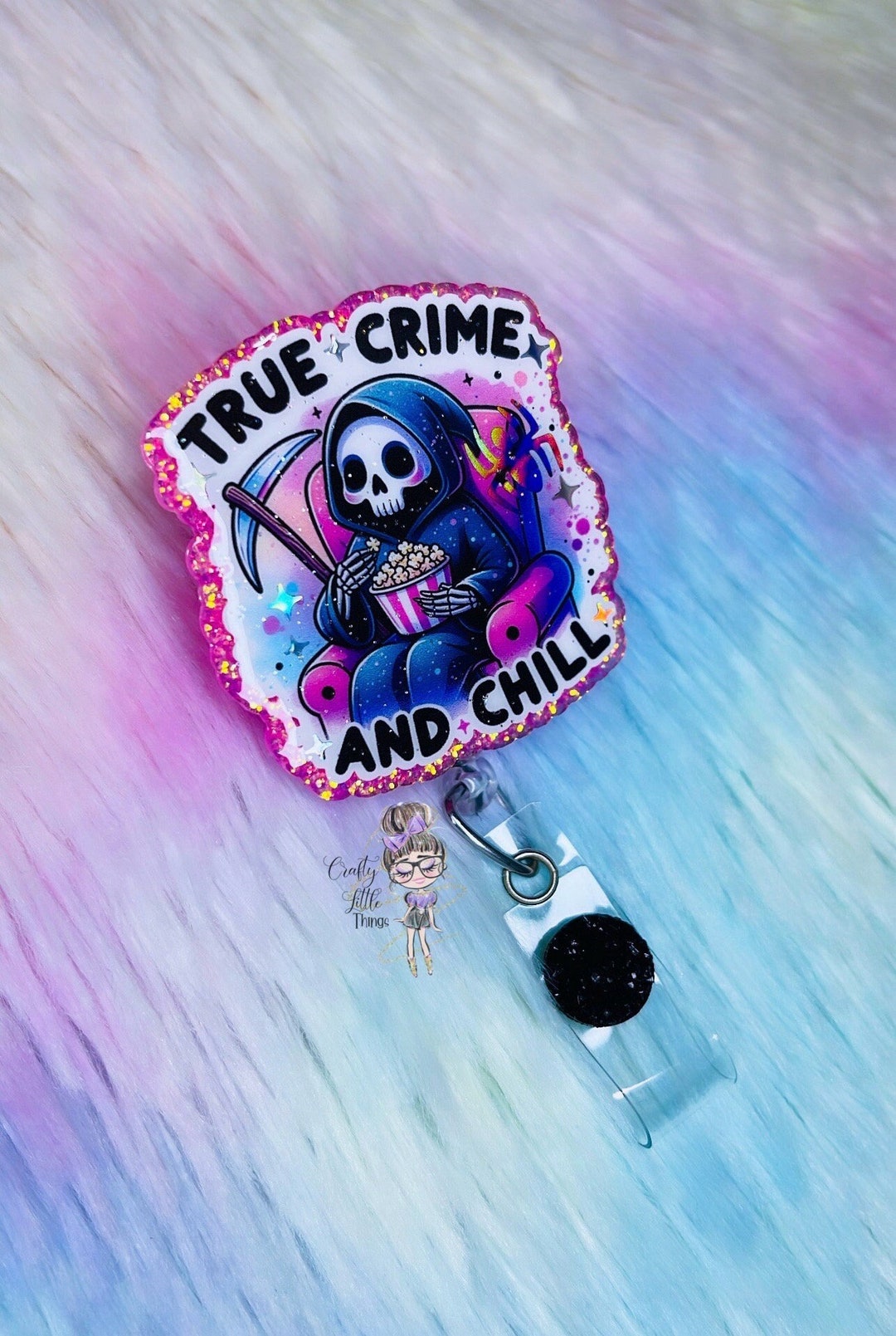 True Crime and Chill Badge Reel- Skeleton Badge Reel- Crime Badge Reels ...