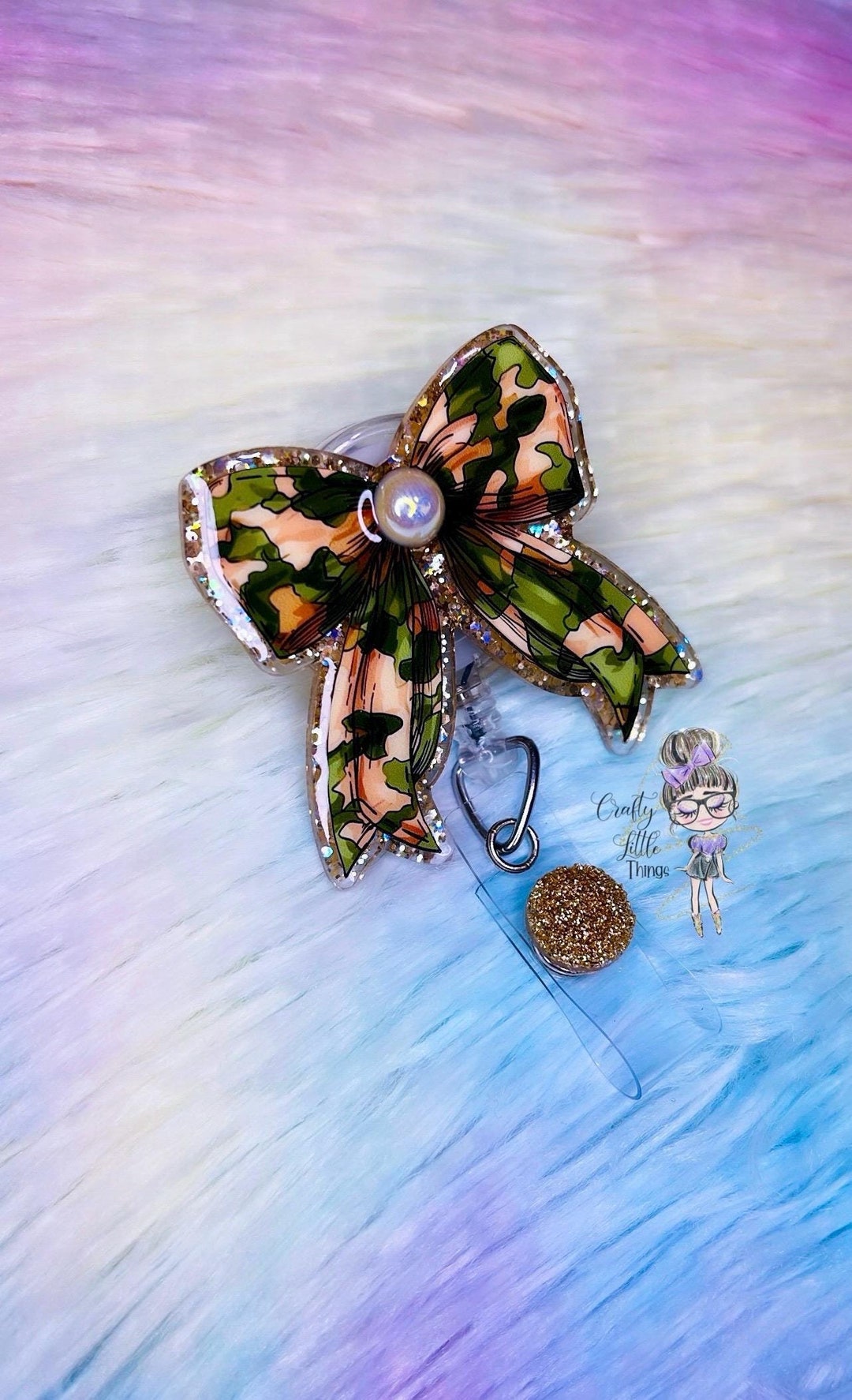 Girly Camouflage Bow Badge Reel- Military Badge Reels- Ribbon Badge ...