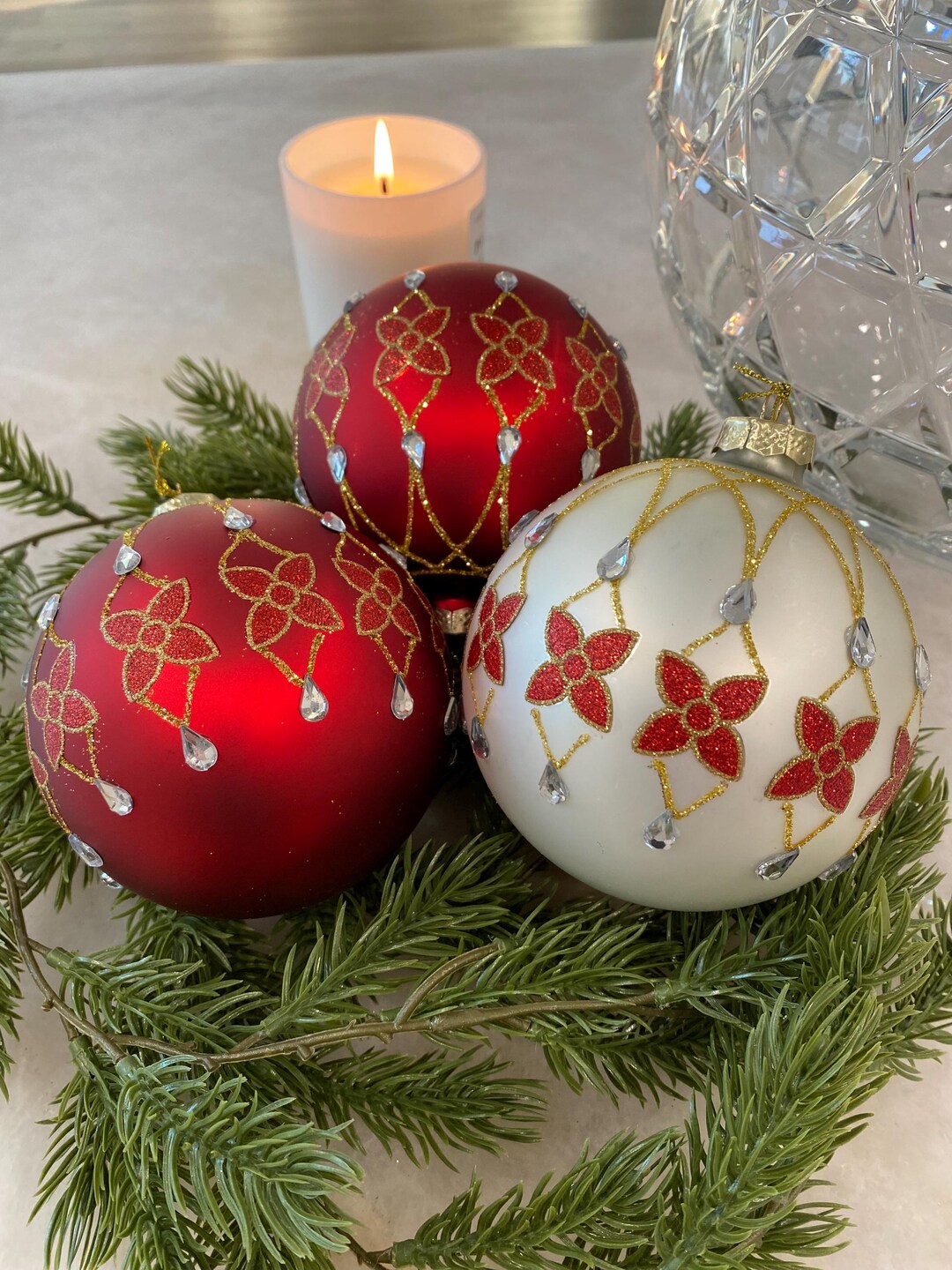 Round Glass Red Ornament, Red Ornament, Red Round Ornament, Red Glitter ...