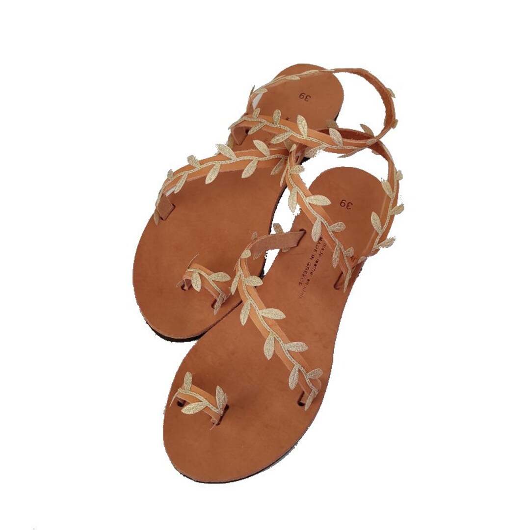 Greek Leather Women Sandals, Unique Decorated Sandals With Golden Olive ...